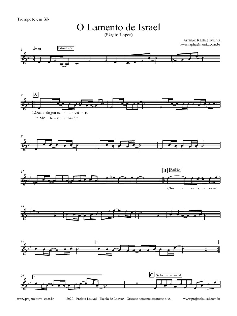 Partituras Gratis Da Musica o Lamento de Israel Para Trompete Em Si ...