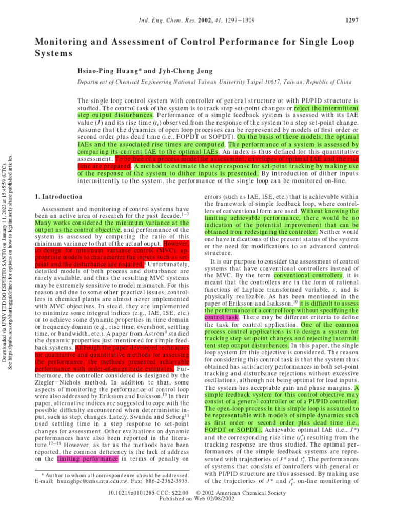 2002 - Huang & Jeng - Monitoring and Assessment of Control Performance For Single Loop Systems | PDF