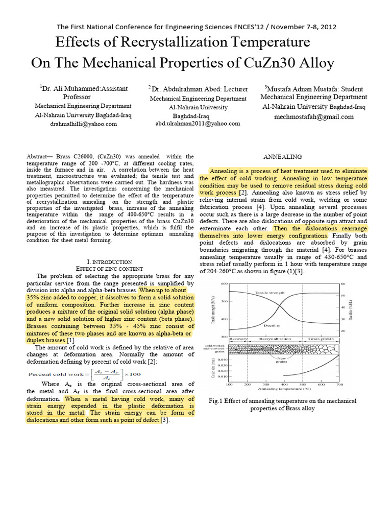 Effects Of Recrystallization Temperature On Cuzn30 Pdf Heat