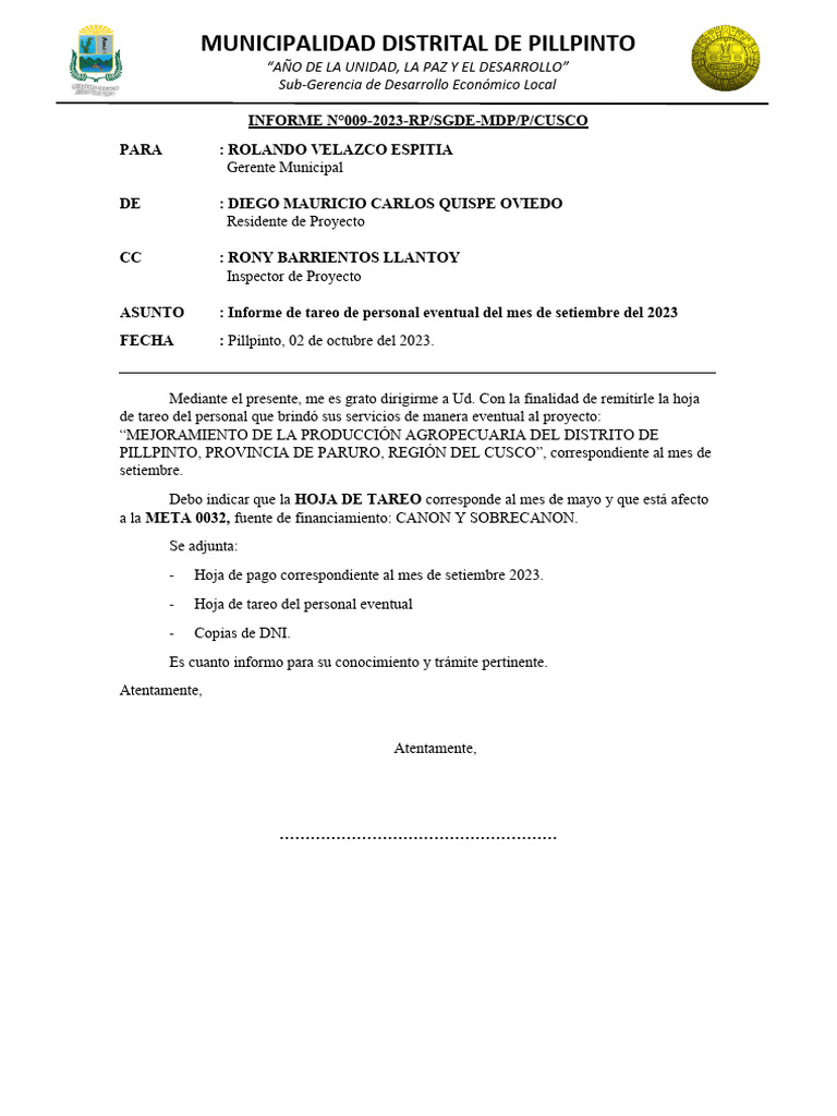 Informe N°009-2023-Rp Informe de Tareo | PDF