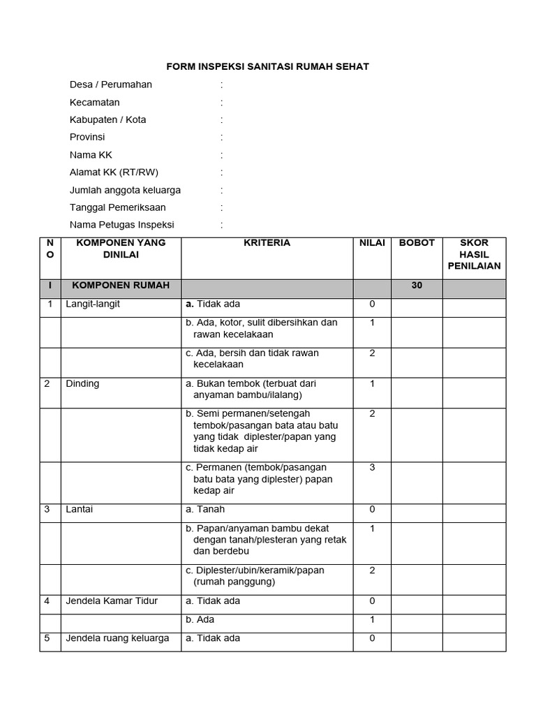 FORM INSPEKSI SANITASI RUMAH SEHAT | PDF