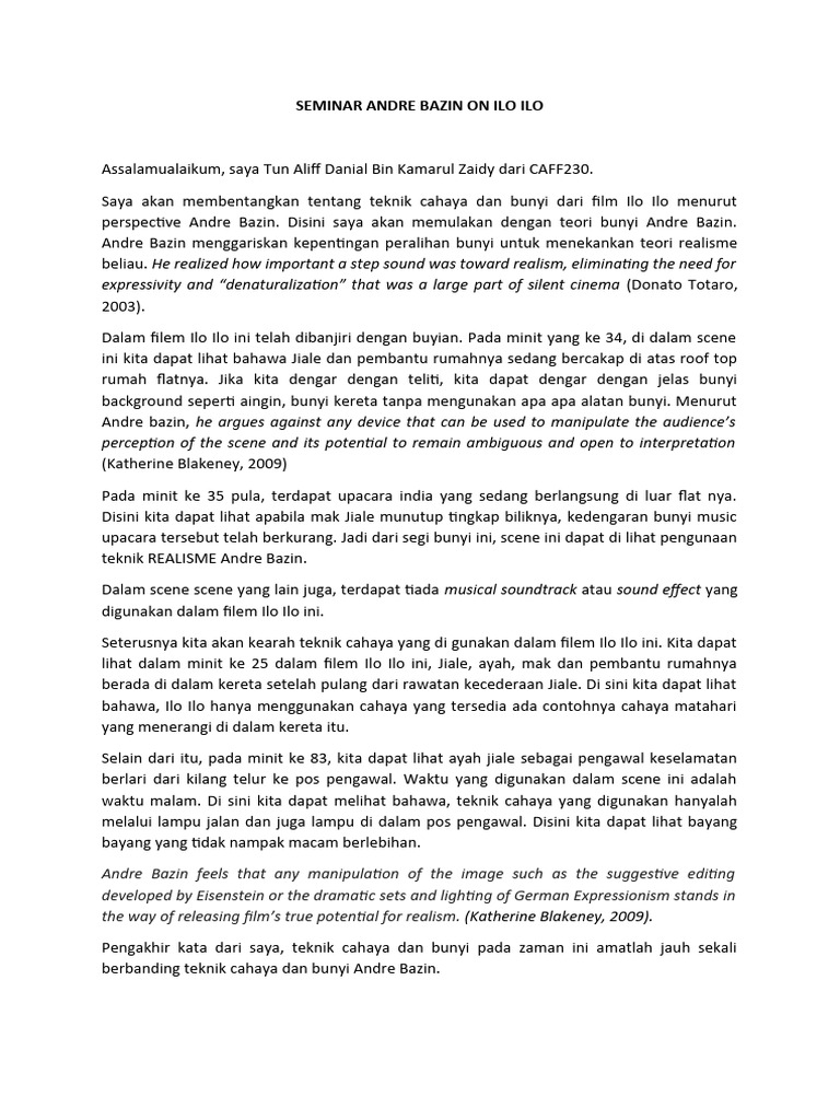 Seminar Andre Bazin On Ilo Ilo | PDF