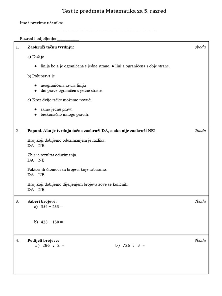 Test Iz Matematike U 5. Razredu (PZTK) - Šk. 2023 - 24 | PDF