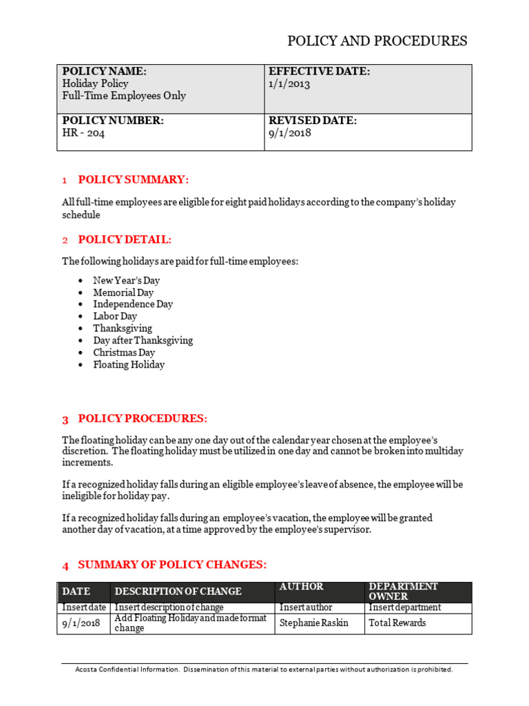 Holiday Policy for Full-Time Employees | PDF