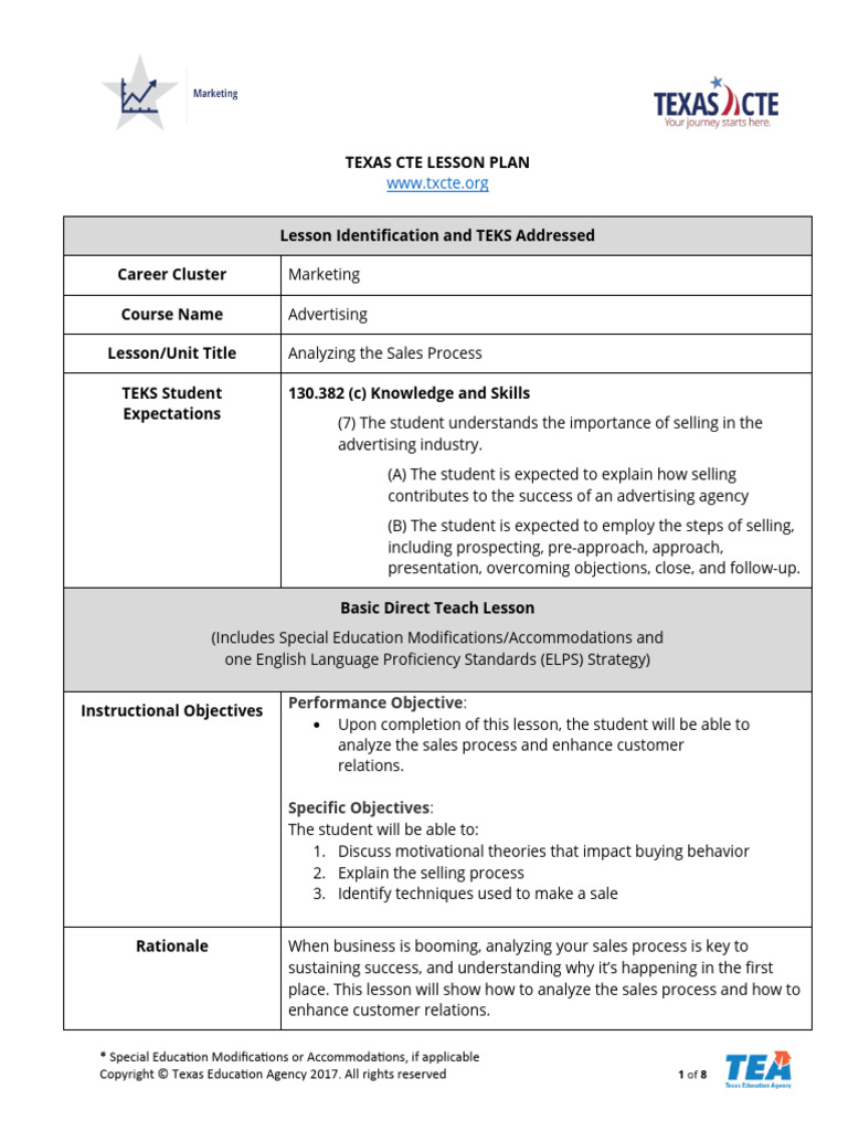 Lesson Plan Analyzing The Sales Process - 0 | PDF | Sales | Advertising