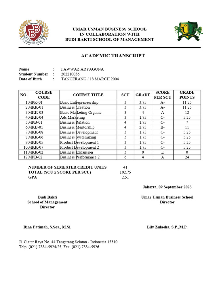 Academic Transcript: Umar Usman Business School in Collaboration With Budi Bakti School of ...