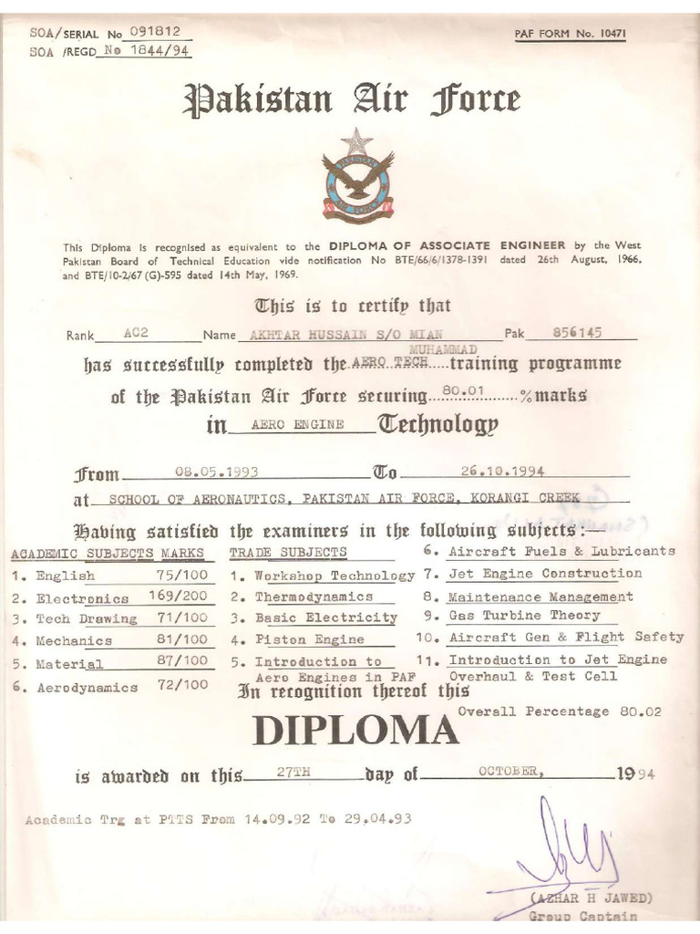 Diploma of Associate Engineer (Aerospace) | PDF