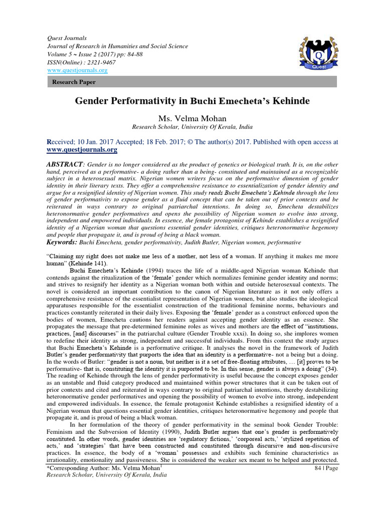 Gender Performativity in Buchi Emecheta's Kehinde: Ms. Velma Mohan | PDF