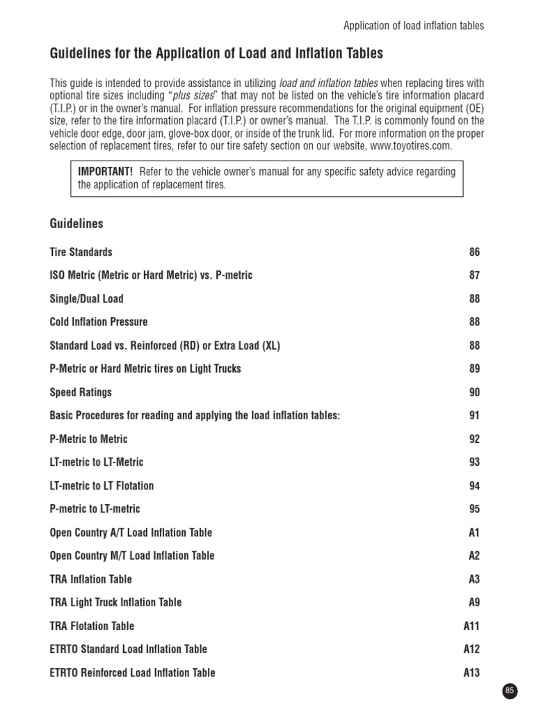 Toyo 2007 Tire Load and Inflation Tables | PDF
