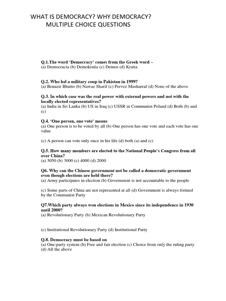 CLASS 9 SST CHAPTER P WHAT IS DEMOCRACY WHY DEMOCRACY Multiple Choice ...