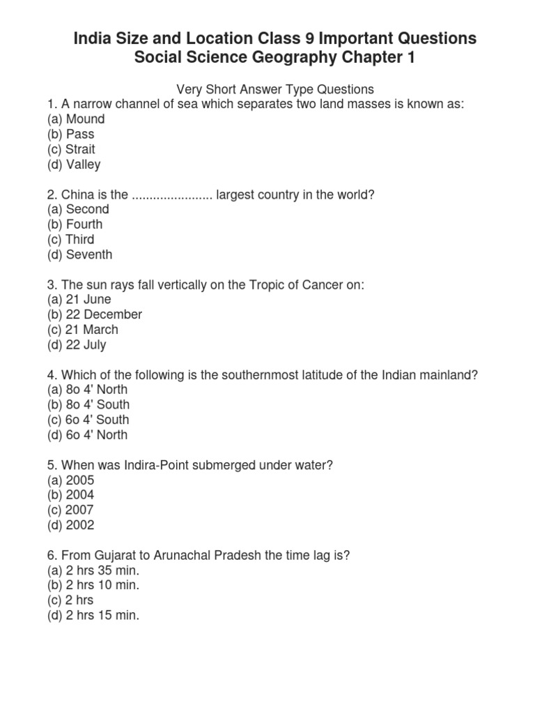 CLASS 9 SST CHAPTER India - Size and Location MCQ Type | PDF