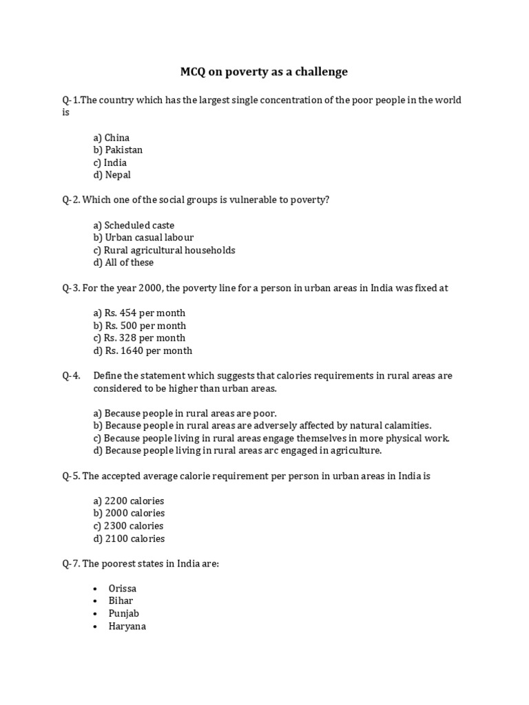 CLASS 9 SST CHAPTER Poverty As A Challenge .MCQ | PDF