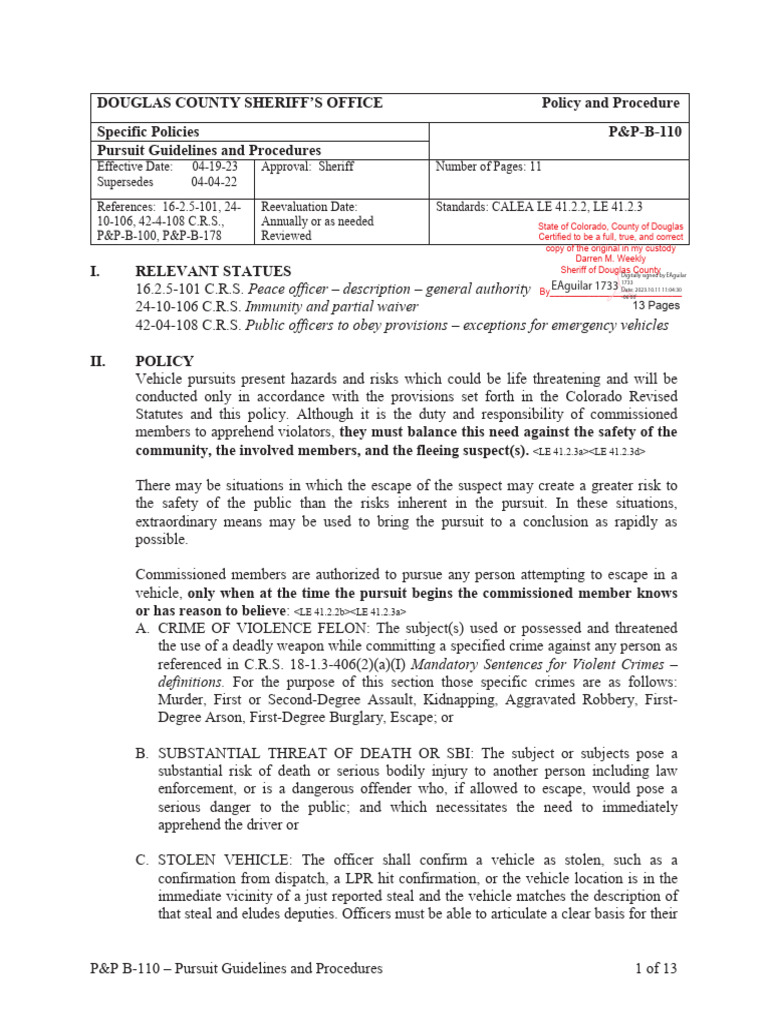 Douglas County Sheriff's Office Pursuit Policy | PDF