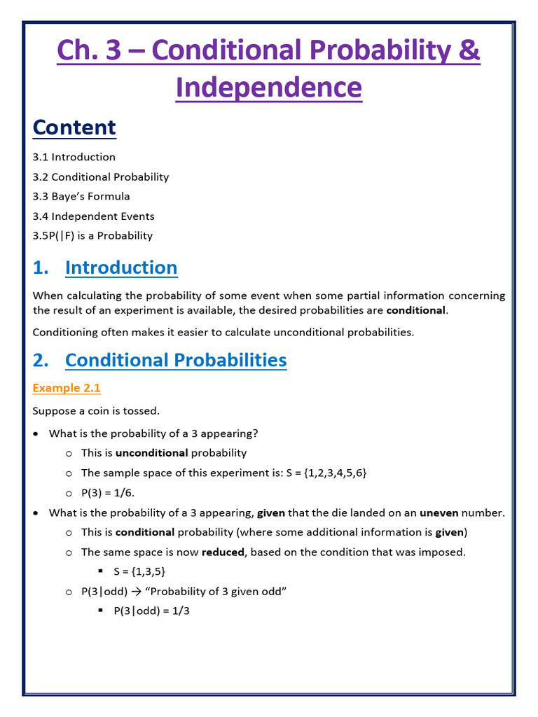 Chapter 3 - Conditional Probability 0 Independence | PDF