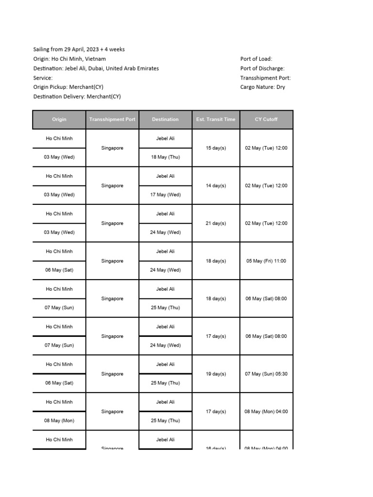Oocl Sailing Schedule | PDF