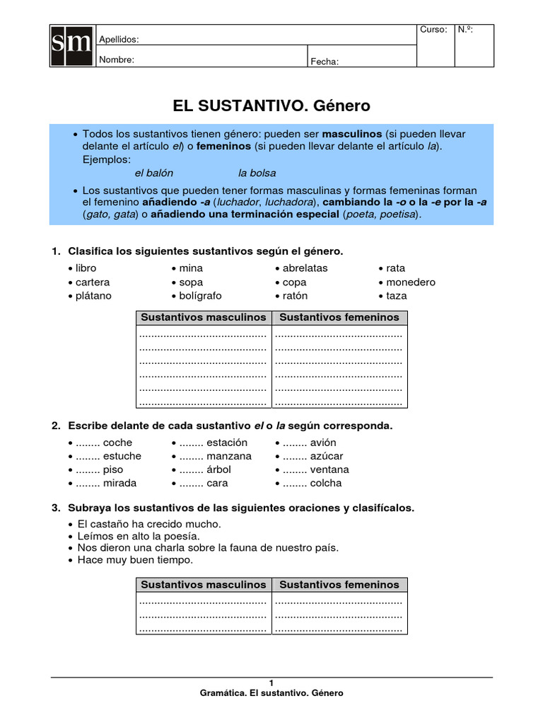 Unidad 2-El Sustantivo - Genero, Numero y Clases | PDF | Estudios de ...