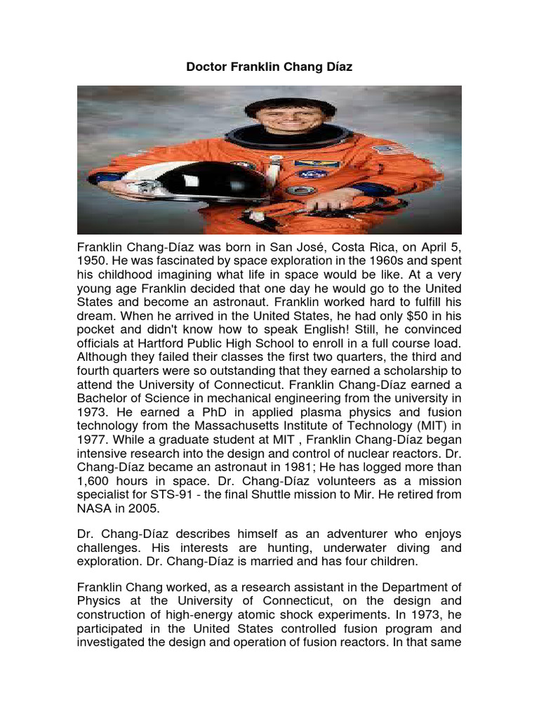 Doctor Franklin Chang Díaz, Tarea Daniel | PDF | Aerospace | Space ...