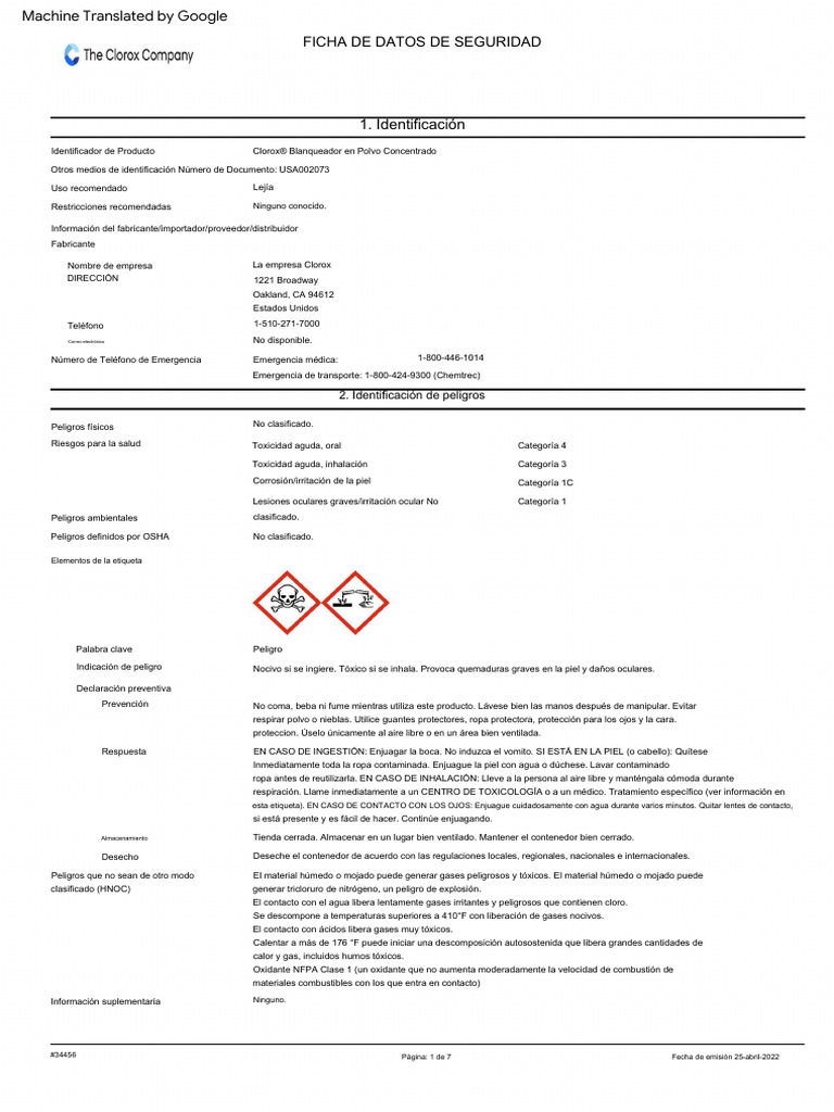 SDS US Clorox Concentrated Bleach Powder English and Spanish April 25 ...