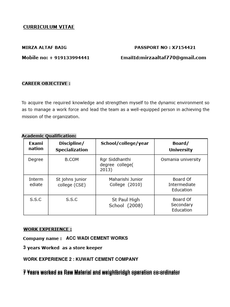 Career Profile: Mirza Altaf Baig | PDF | Educational Stages