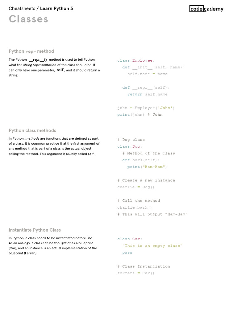 Learn Python 3 - Classes Cheatsheet - Codecademy | Download Free PDF ... Learn Python 3 - Classes Cheatsheet - Codecademy | Download Free PDF ...