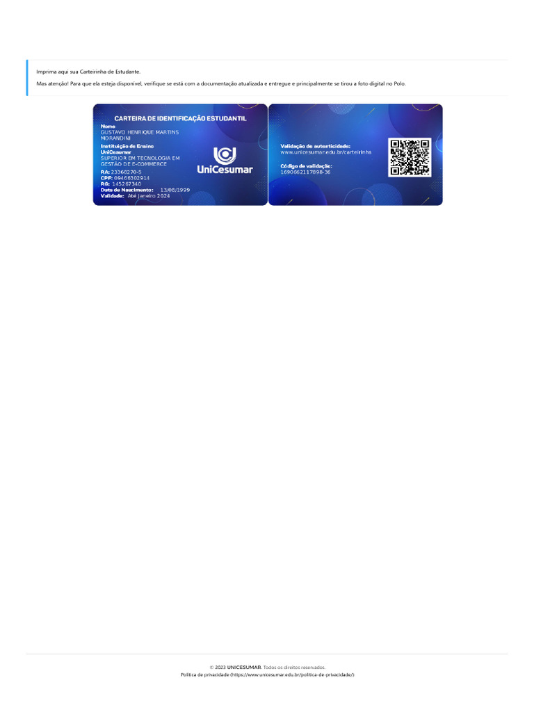 Início _ Carteirinha Online _ Impressão _ Studeo Unicesumar | PDF
