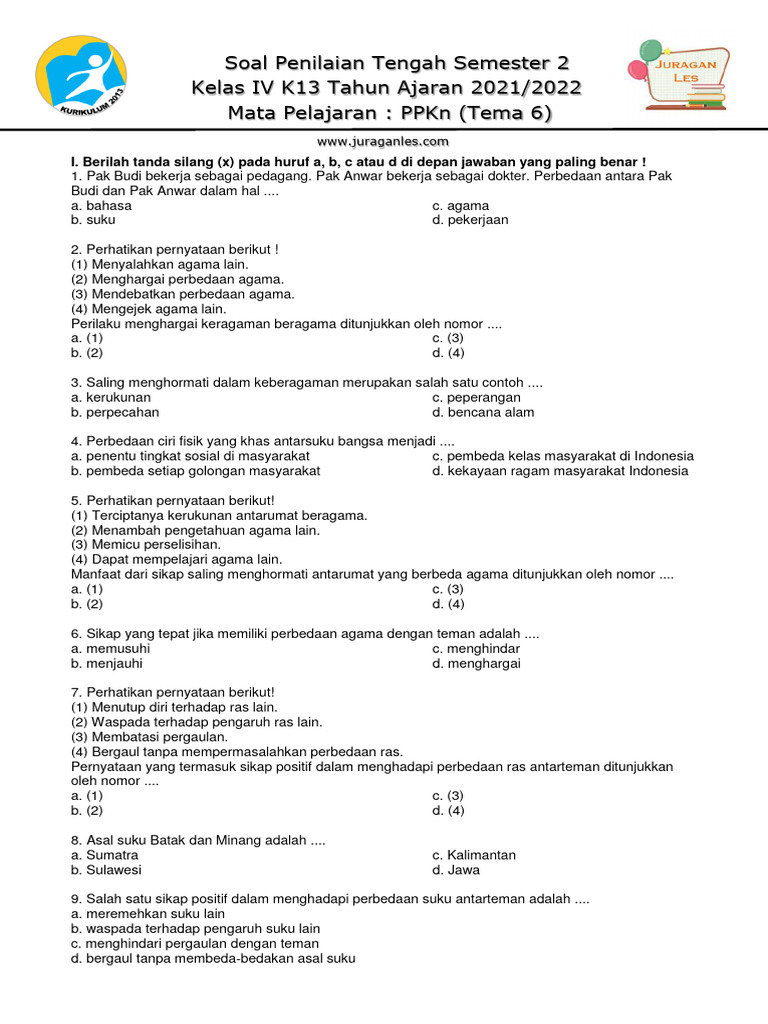 Soal Tema 6 (PPKN) Kelas 4 Semester 2 Tahun 2022 | PDF