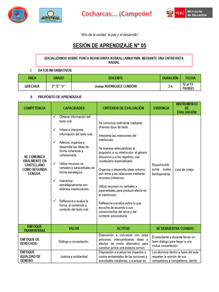 Sesión 5 Eda 6 Quechua 3ro | PDF | Evaluación | Aprendizaje