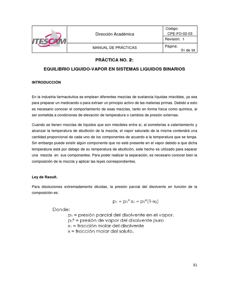 Equilibrio Liquido-Vapor en Sistemas Liquidos Binarios | PDF | Vapor ...