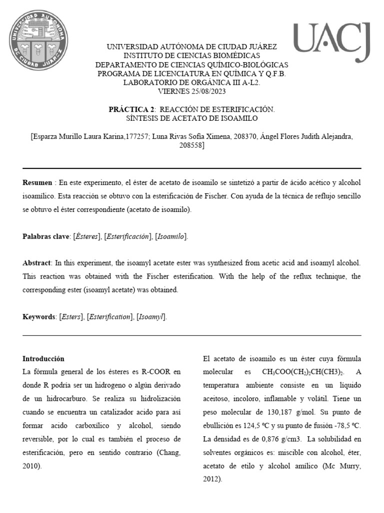 Practica 2 Reacción De Esterificación Síntesis De Acetato De Isoamilo