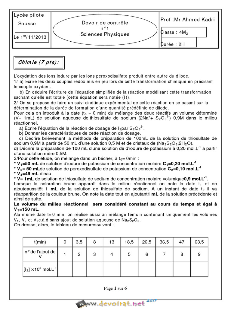 Devoir de Contrôle N°1 Lycée Pilote - Sciences Physiques - Bac Math (2013-2014) MR Ahmed Kadri | PDF