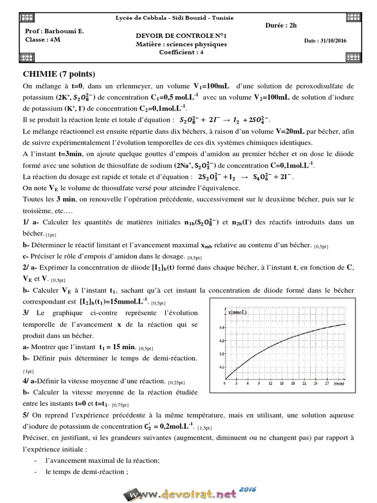 Devoir de Contrôle N°1 Avec Correction - Sciences Physiques - Bac Mathématiques (2016-2017) MR ...
