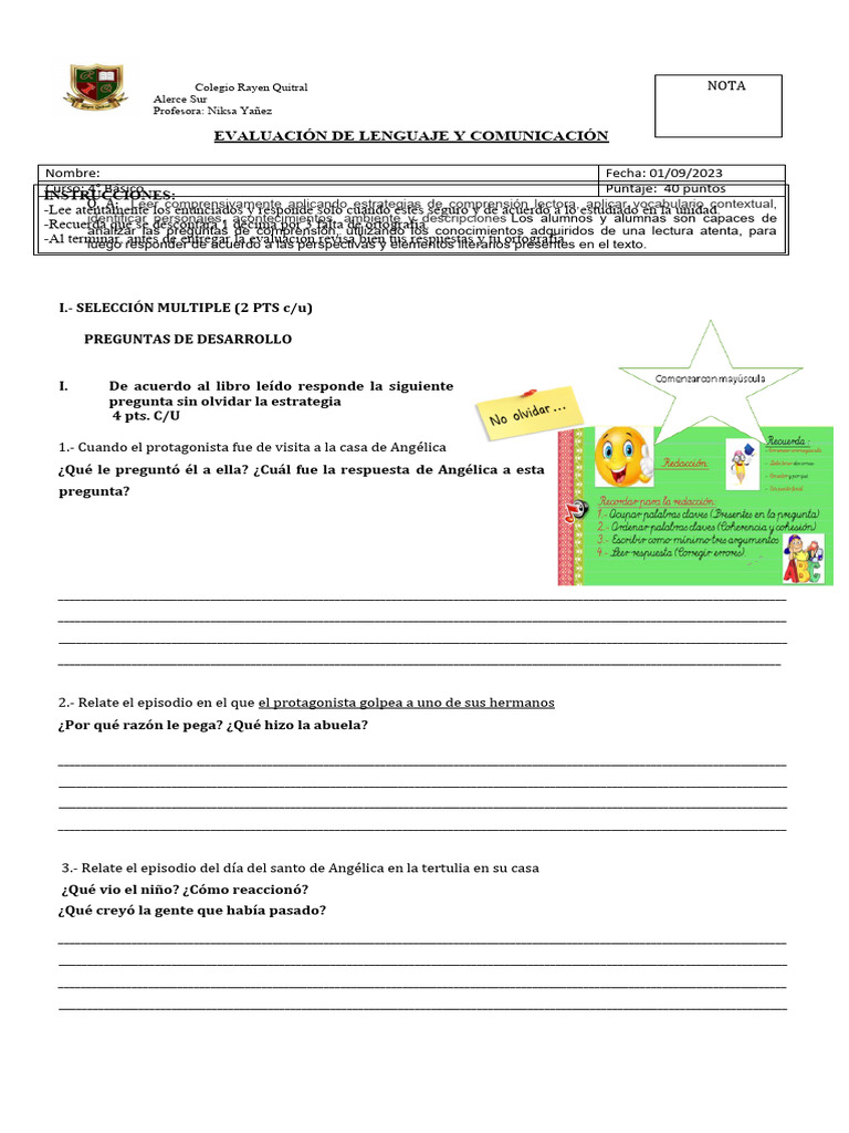 Evaluación sobre "El niño que enloqueció de amor" | PDF
