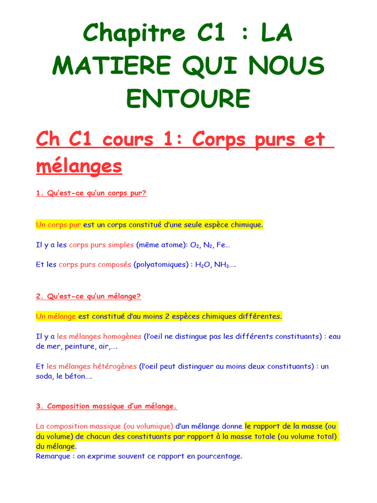 Cours 1 Corps Purs Et Mélanges | PDF