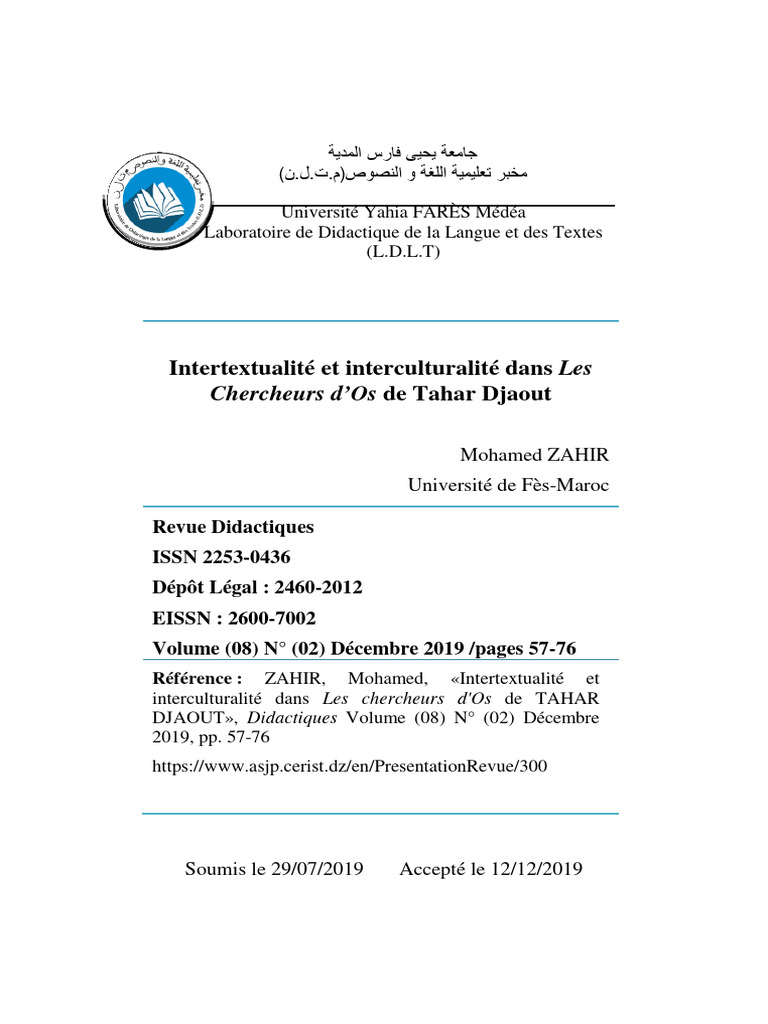 Intertextualité et interculturalité dans Les Chercheurs d’Os de Tahar Djaout | PDF