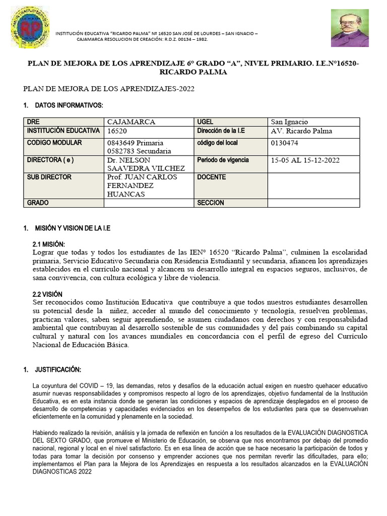 Plan de Mejora de Aprendizajes 2022. | PDF