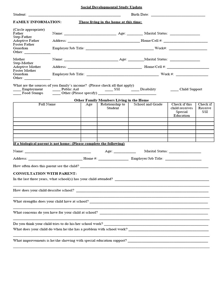 Social Developmental Study Form | PDF | Parent | Supplemental Security ...