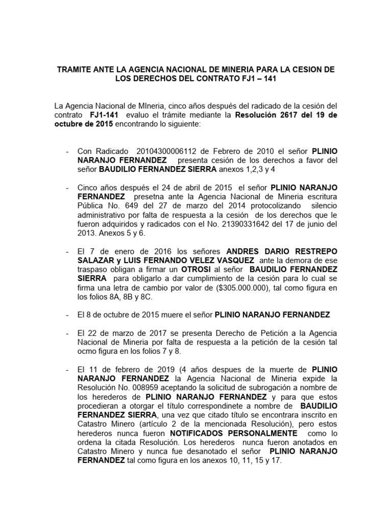 Tramite Ante La Agencia Nacional de Mineria para La Cesion de Los ...