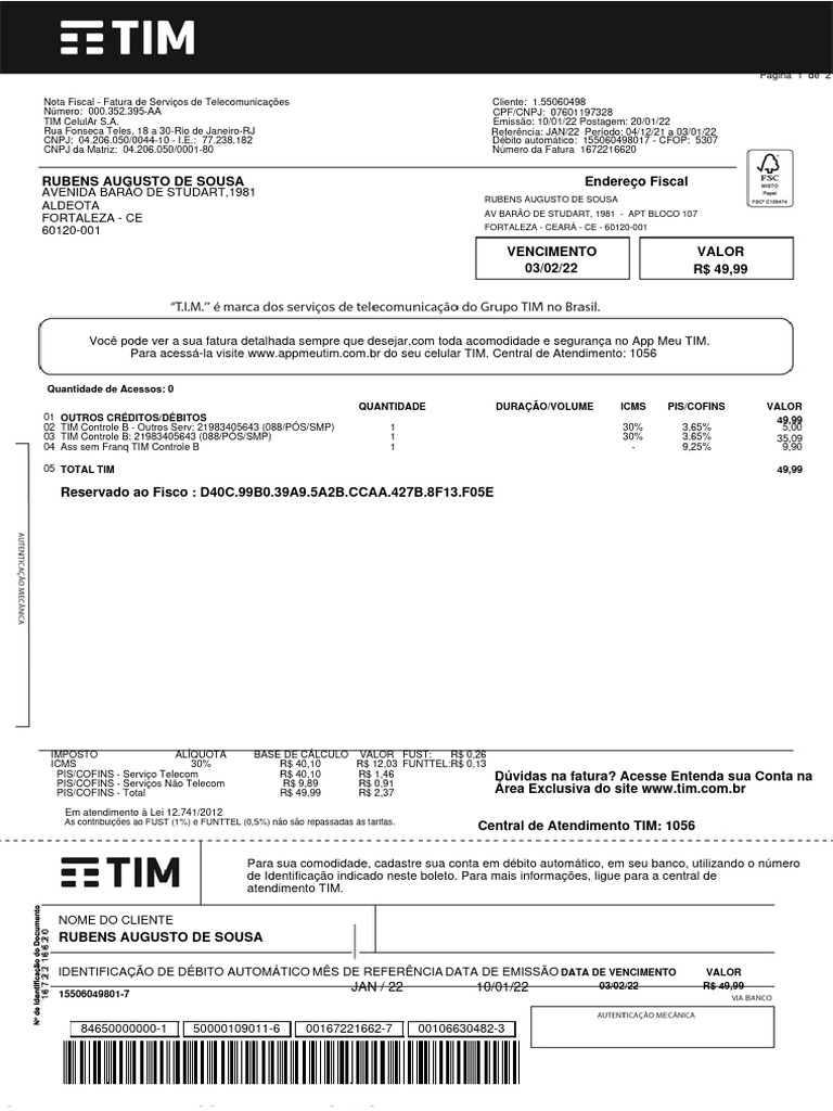 Segunda Via da Fatura TIM | PDF | Pagamentos | Comércio