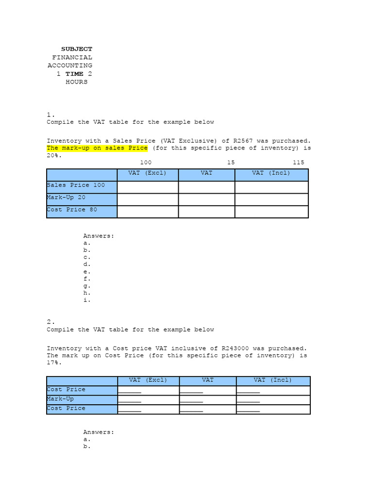 VAT and Markup Practice Test | PDF