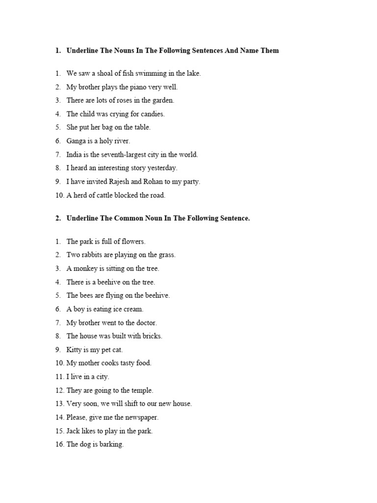 Underline The Nouns in The Following Sentences and Name Them | PDF