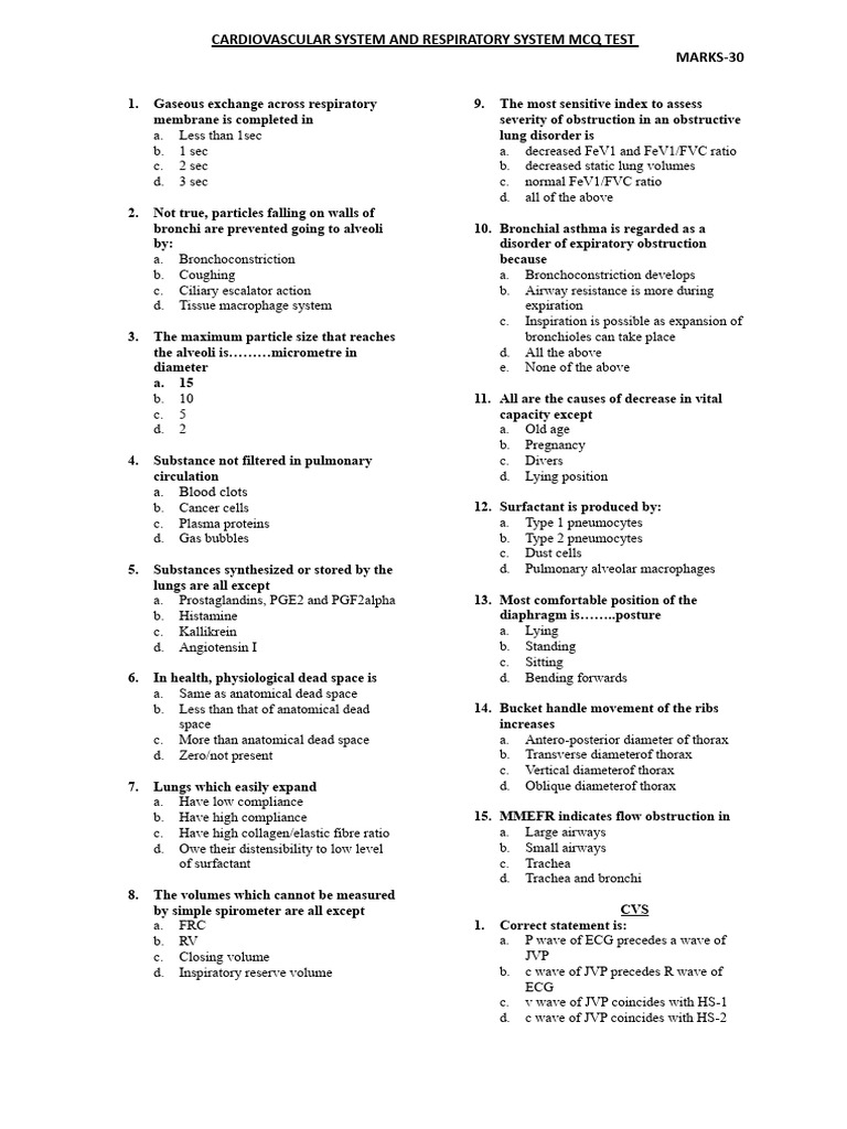 Respi and CVS MCQs | PDF | Lung | Diastole