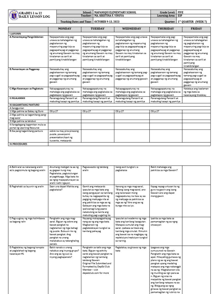DLL - Esp 5 - Q1 - W7 | PDF