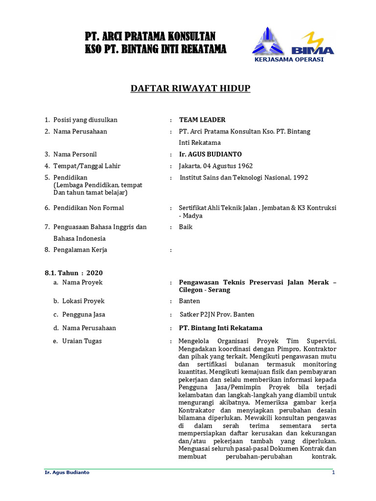 CV Ir. Agus Budianto, Team Leader | PDF | Teknologi & Rekayasa