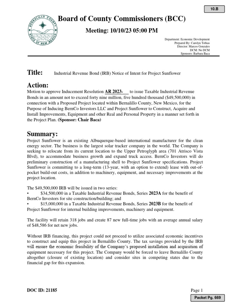 Bernallilo County IRB Inducement Resolution | PDF | Bonds (Finance) | Taxes