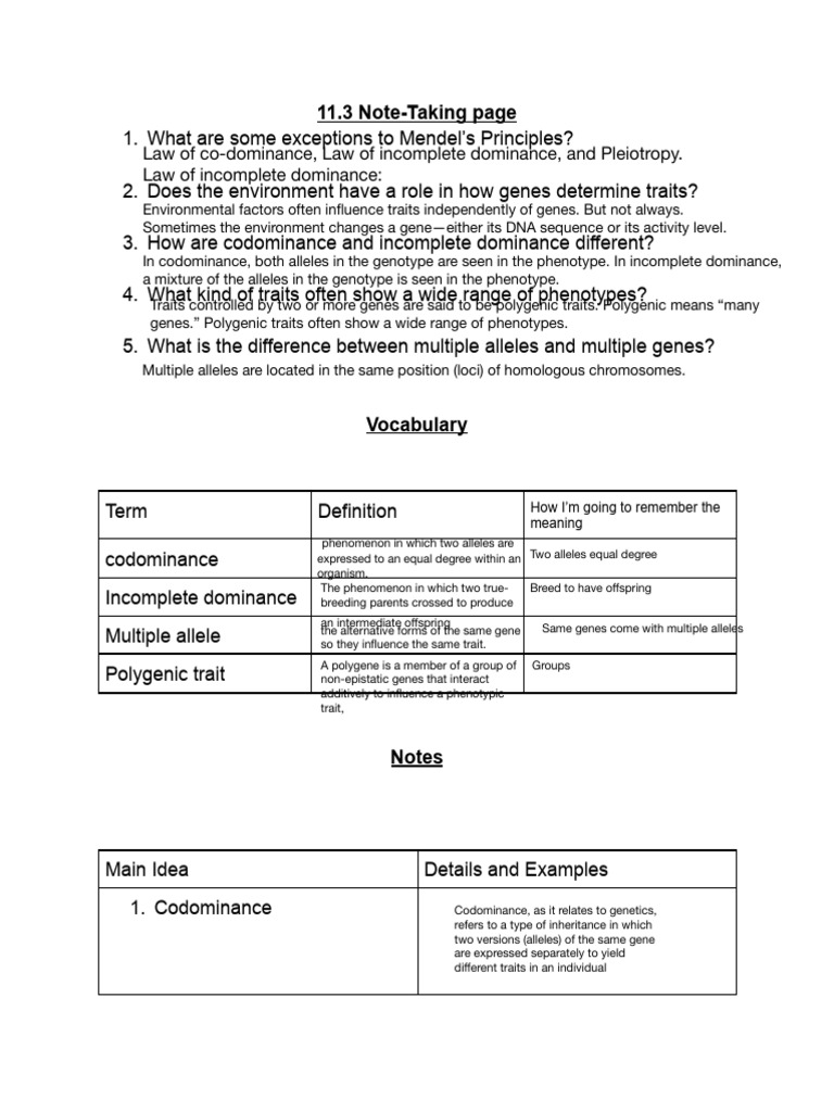 11.3 Note-Taking Page | PDF | Dominance (Genetics) | Allele