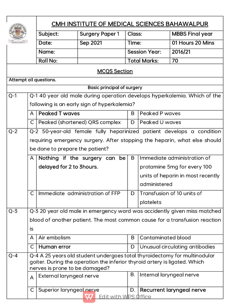 MCQs Answer Paper Surgery Paper 1 Dr. Sohail Ansari | PDF