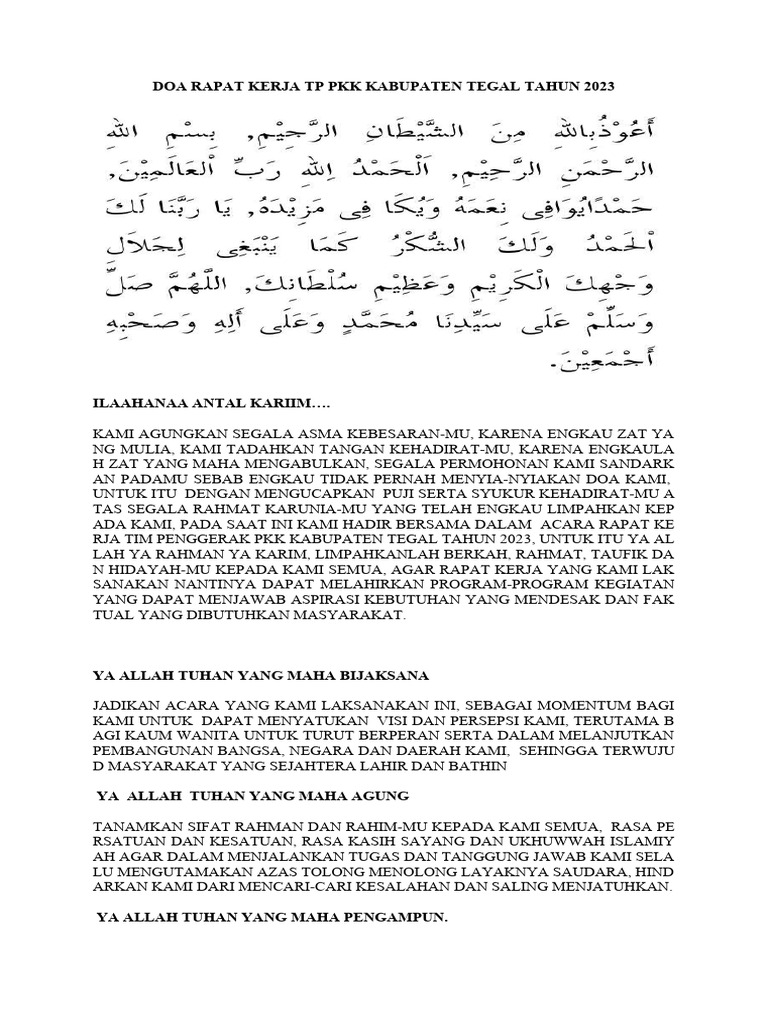 Doa Rapat Kerja TP PKK Kabupaten Tegal Tahun 2022 | PDF