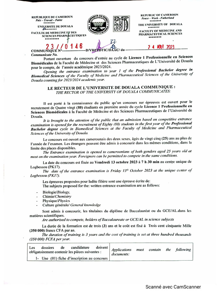 Communiqué portant ouverture du concours d'entrée au cycle de Licence 1 ...