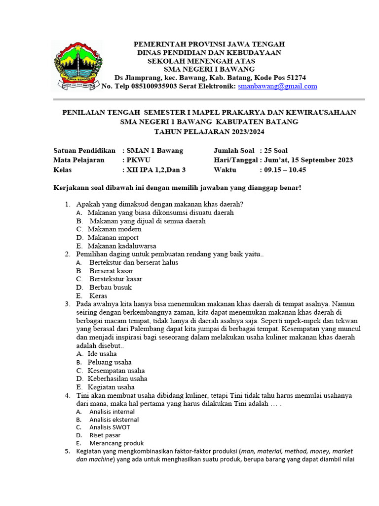 Soal Mid Sem 1 Pkwu 2023 | PDF