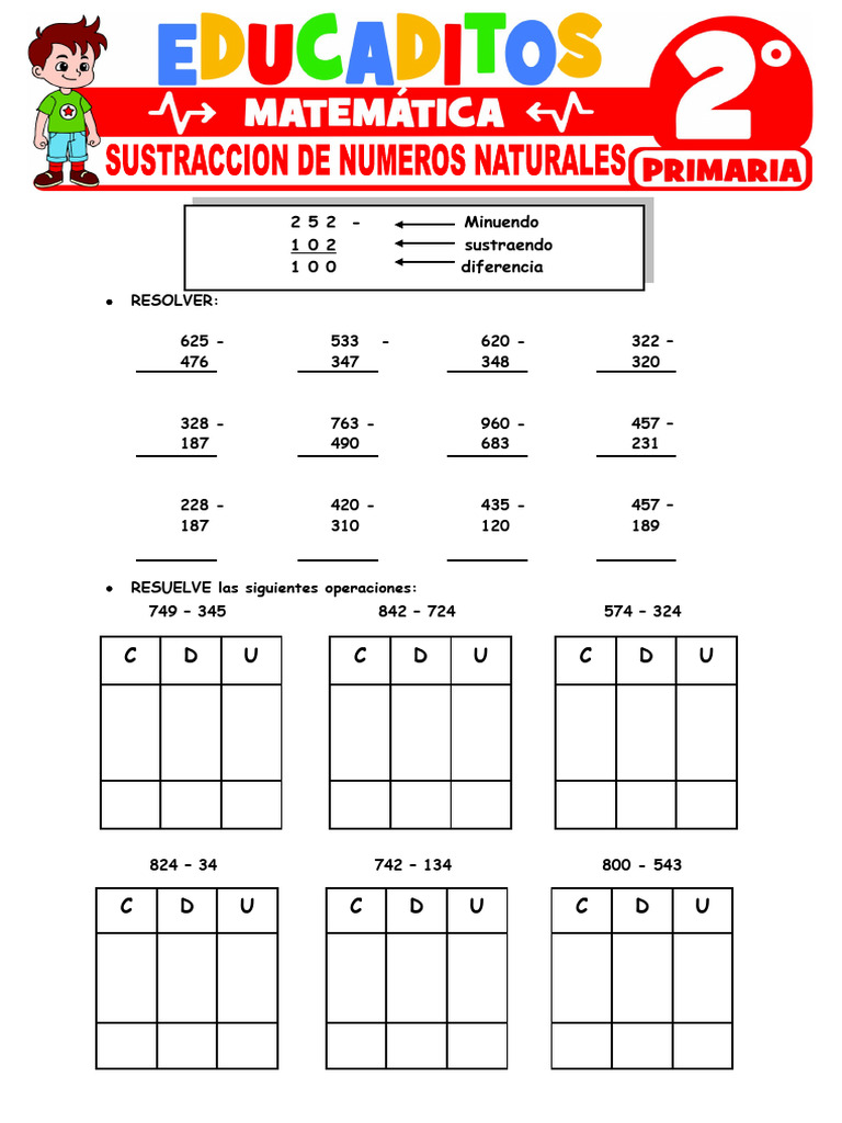 Sustraccion De Numeros Naturales Para Segundo Grado De Primaria Pdf